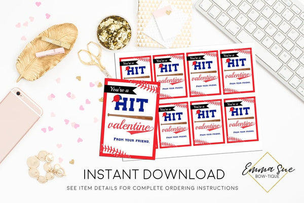 You're a Hit - Kid's Baseball Valentine's Day Card Printable - Digital ...
