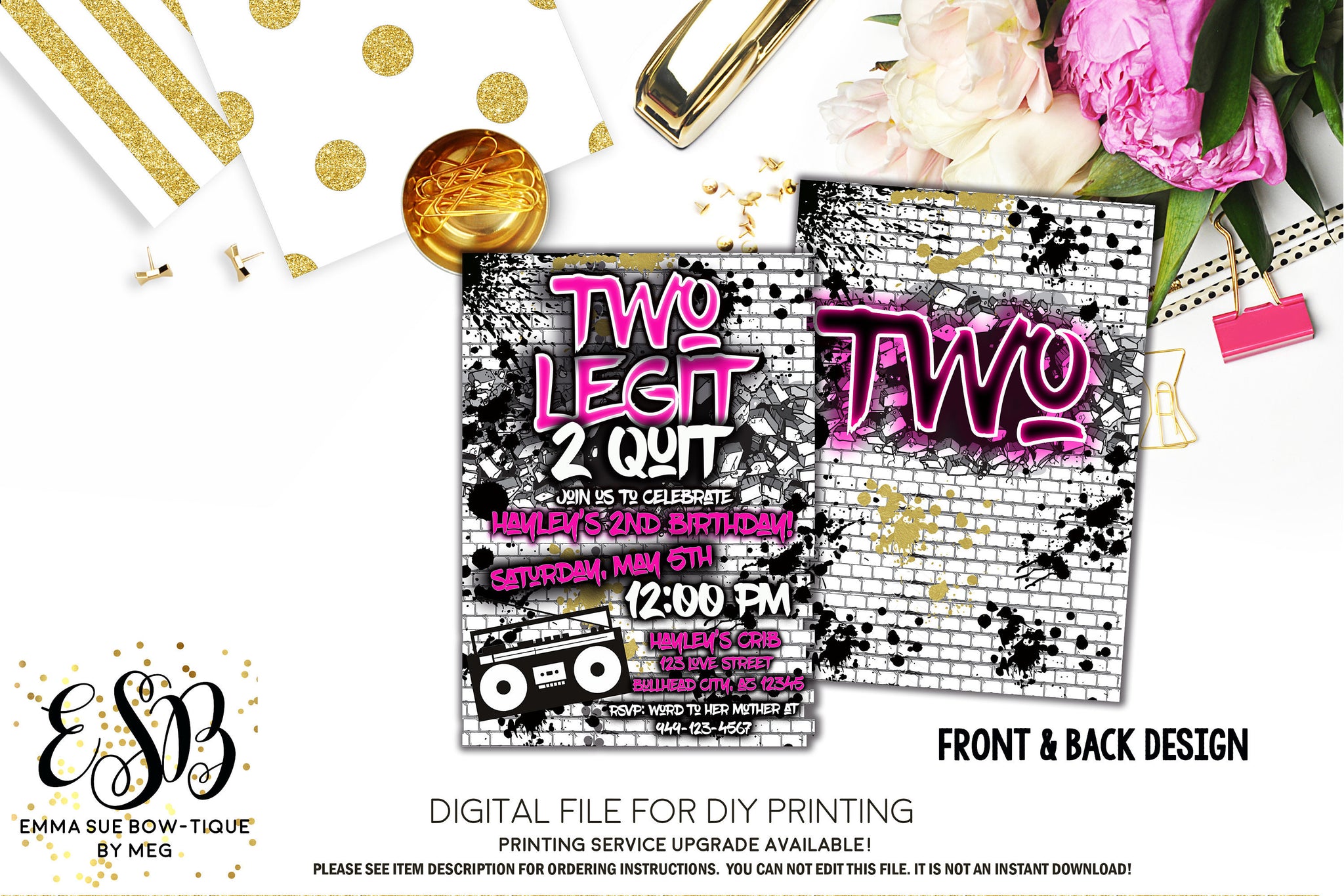 Two Legit 2 Quit - Hip Hop 2nd Birthday invitation Printable - Digital ...